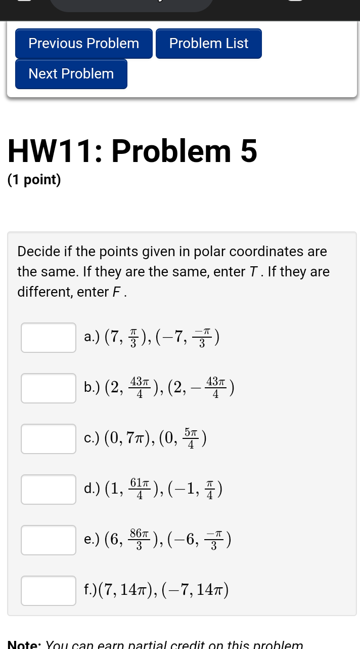 Solved HW11: Problem 5 (1 point) Decide if the points given | Chegg.com