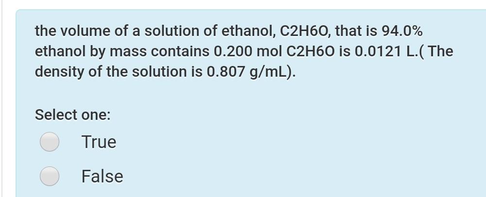 Solved the volume of a solution of ethanol, C2H60, that is | Chegg.com