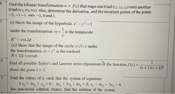 Solved Find the bilinear transformation w=f(z) that maps one | Chegg.com