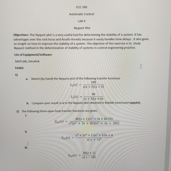 ECE 388 Automatic Control LAB 9 Nyquist Plot | Chegg.com