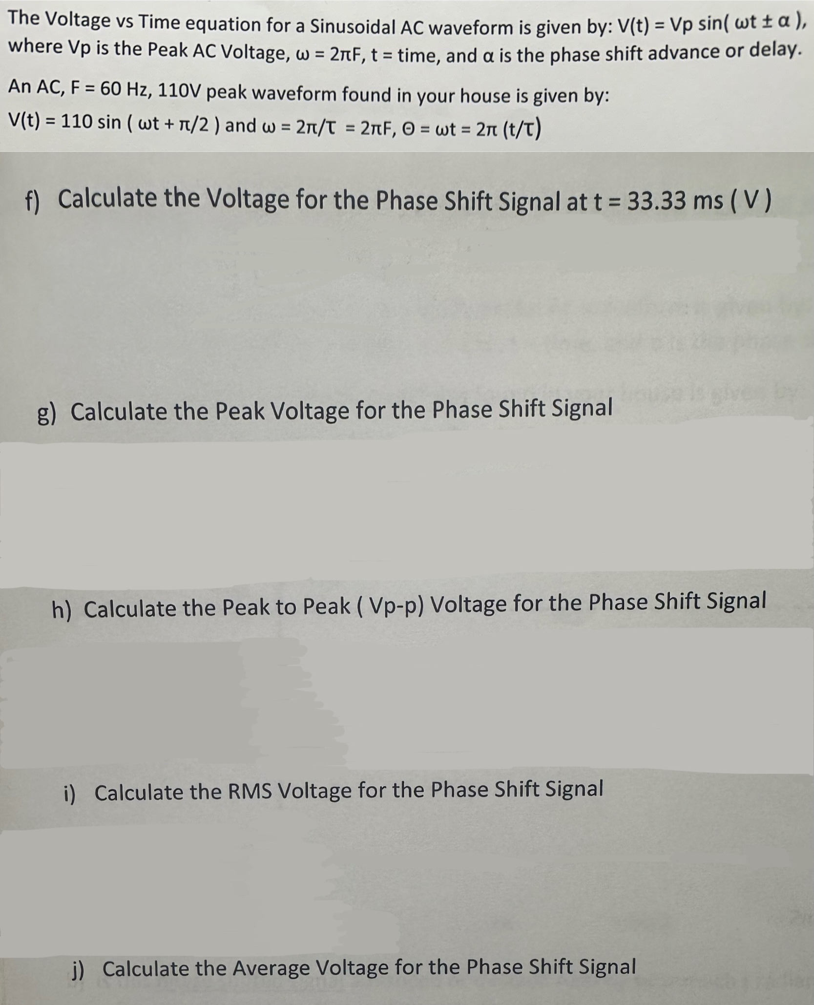 Solved The Voltage vs Time equation for a Sinusoidal AC | Chegg.com