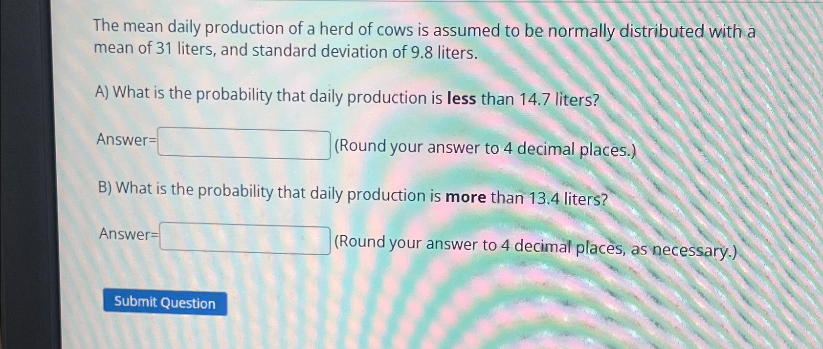 Solved The mean daily production of a herd of cows is | Chegg.com