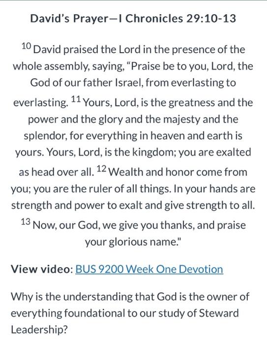 Solved David's Prayer-I Chronicles 29:10-13 10 David praised | Chegg.com