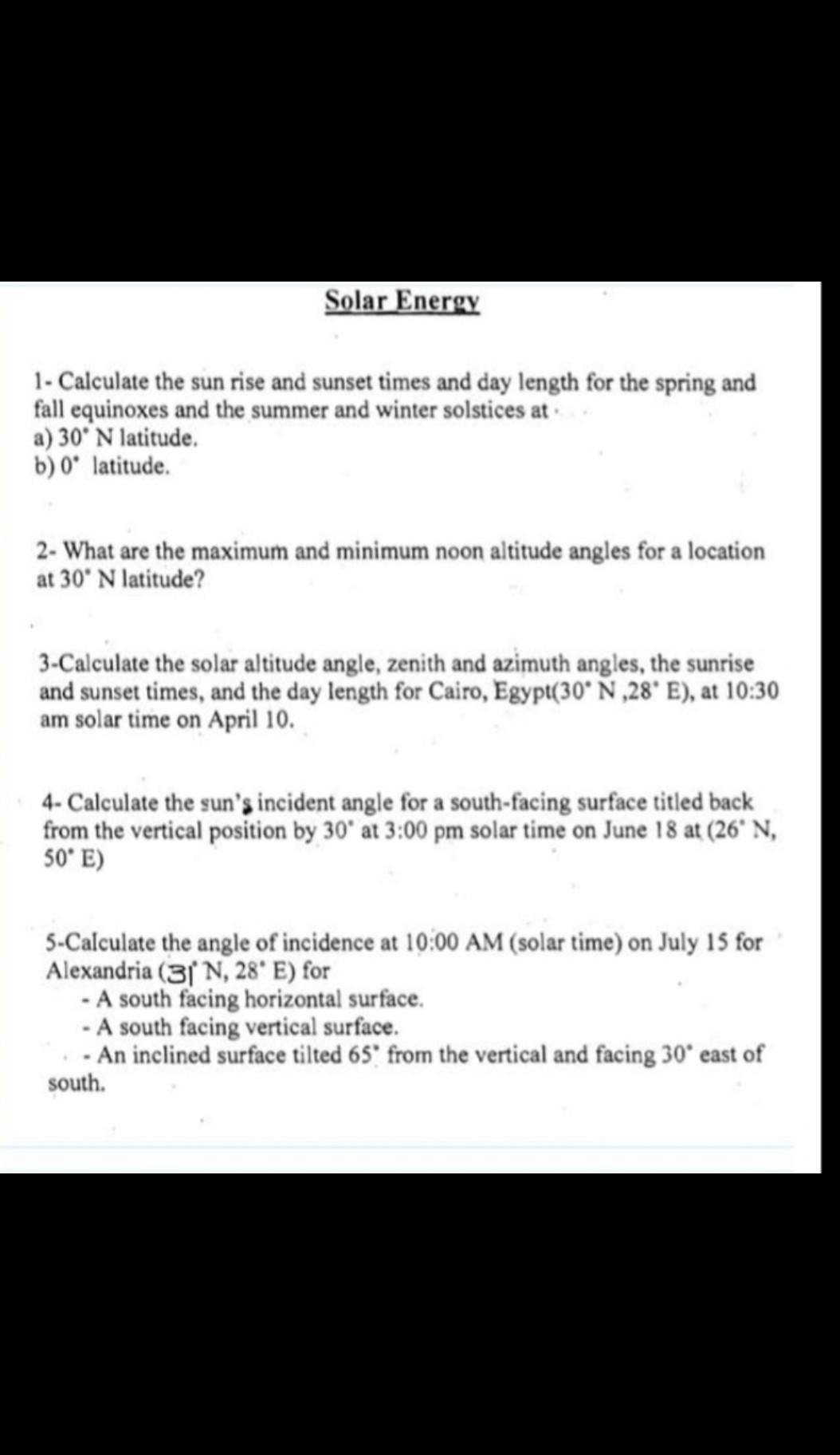 Solved Solar Energy 1- Calculate the sun rise and sunset | Chegg.com