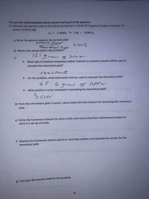 Solved For percent yield questions below answer each part of | Chegg.com