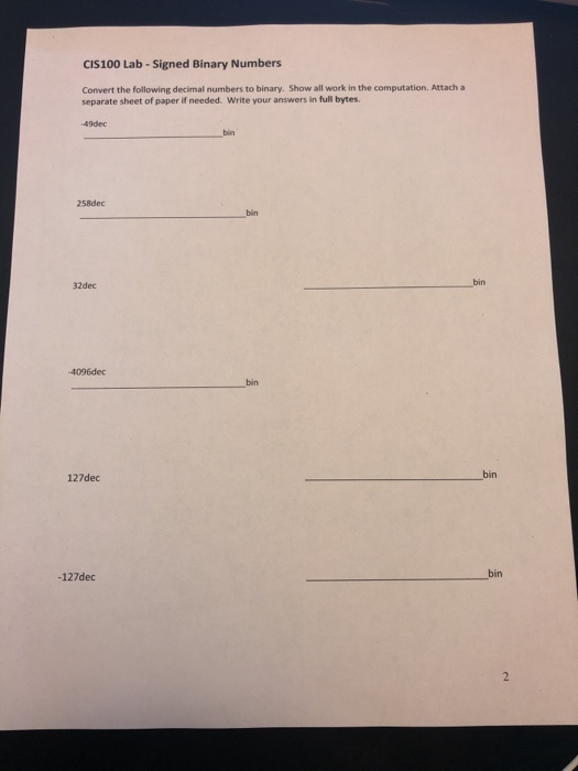 Solved CIS100 Lab - Signed Binary Numbers Name Convert the | Chegg.com