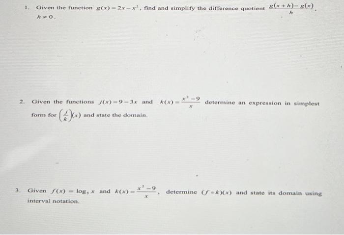 Solved 1. Given the function g(x)=2x−x2, find and simplify | Chegg.com