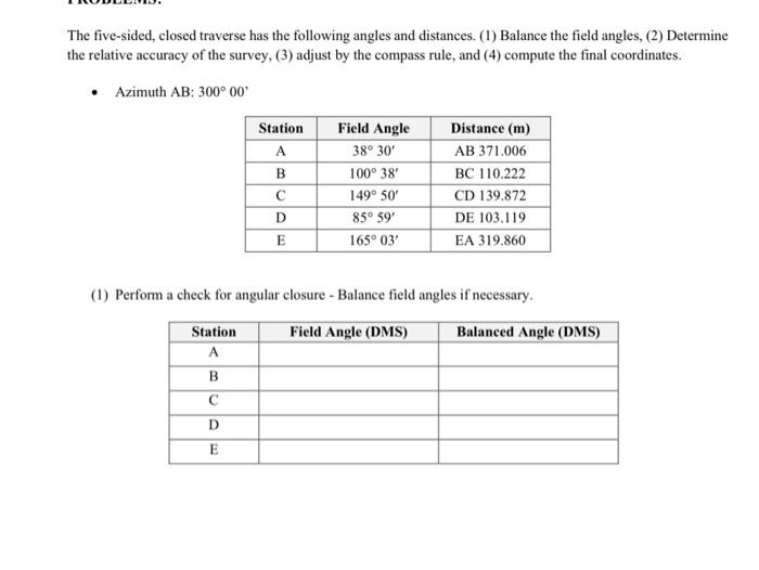 Solved The five-sided, closed traverse has the following | Chegg.com