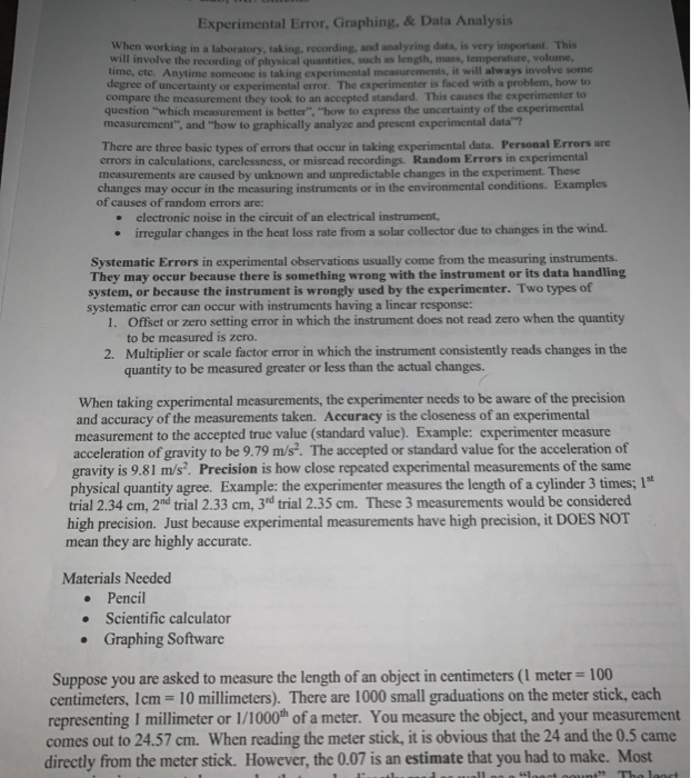 Experimental Error, Graphing, & Data Analysis When | Chegg.com