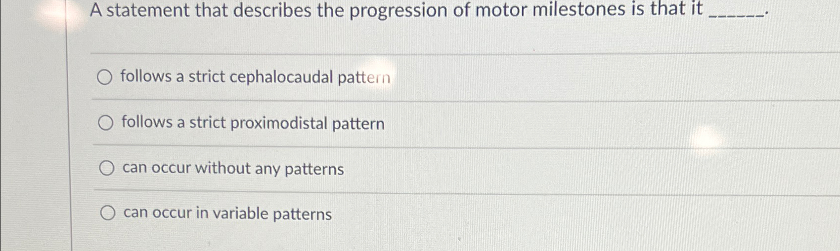 Solved A statement that describes the progression of motor | Chegg.com
