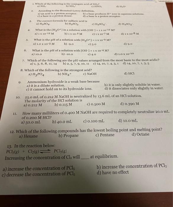 Solved 1. Which of the following is the conjugate acid of | Chegg.com