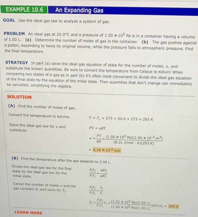 Solved EXAMPLE 10.6 An Expanding Gas GOAL Use the ideal gas | Chegg.com
