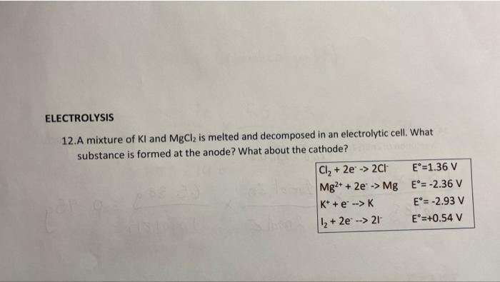 Solved 12. A mixture of KI and MgCl2 is melted and | Chegg.com