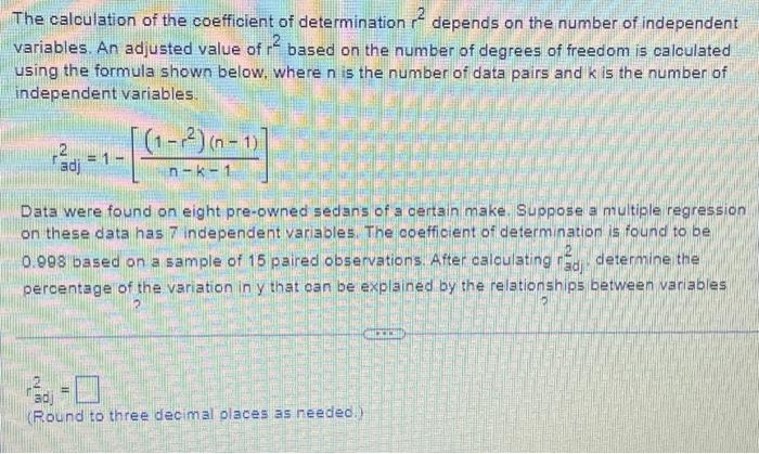 The calculation of the coefficient of determination | Chegg.com