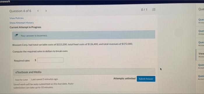 Solved mework Que Question 4 of 6 > 0/1 = Ques View Policies | Chegg.com