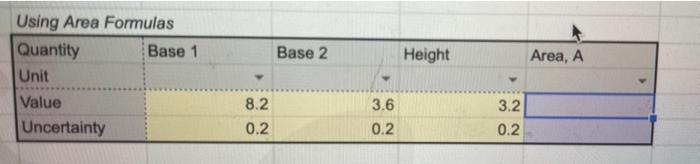 Solved Base 2 Height Area, A Using Area Formulas Quantity | Chegg.com