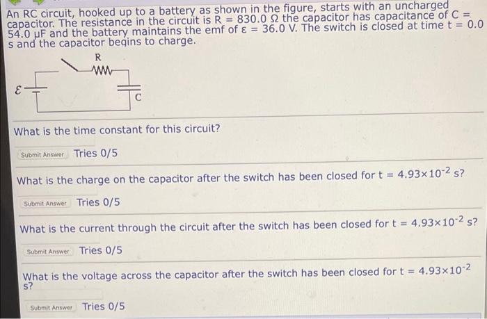 Solved An RC circuit, hooked up to a battery as shown in the | Chegg.com