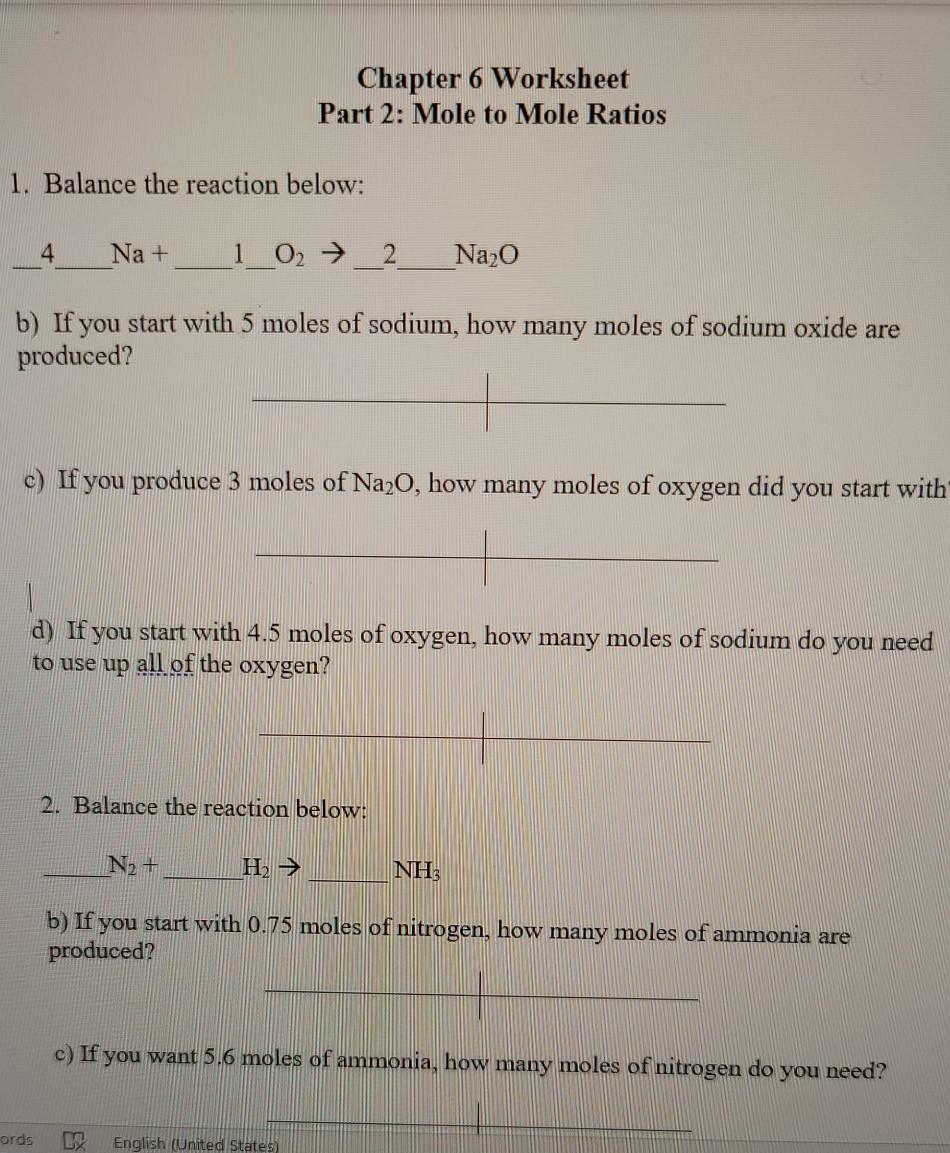 Solved Chapter 6 Worksheet Part 2: Mole to Mole Ratios 1. | Chegg.com