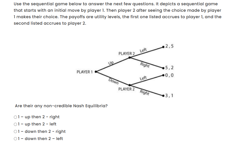 Solved Use the sequential game below to answer the next few | Chegg.com