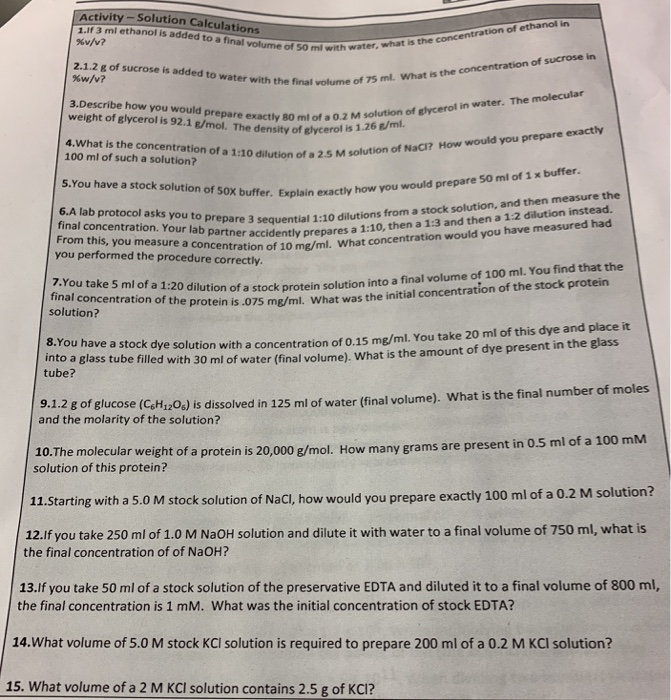 Solved Activity --Solution Calculations 3 ml ethanol is | Chegg.com
