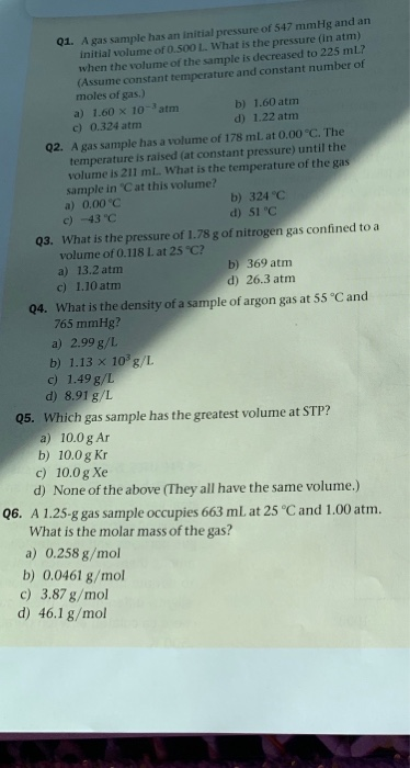 Solved 01. A gas sample has an initial pressure of 547 mmHg | Chegg.com