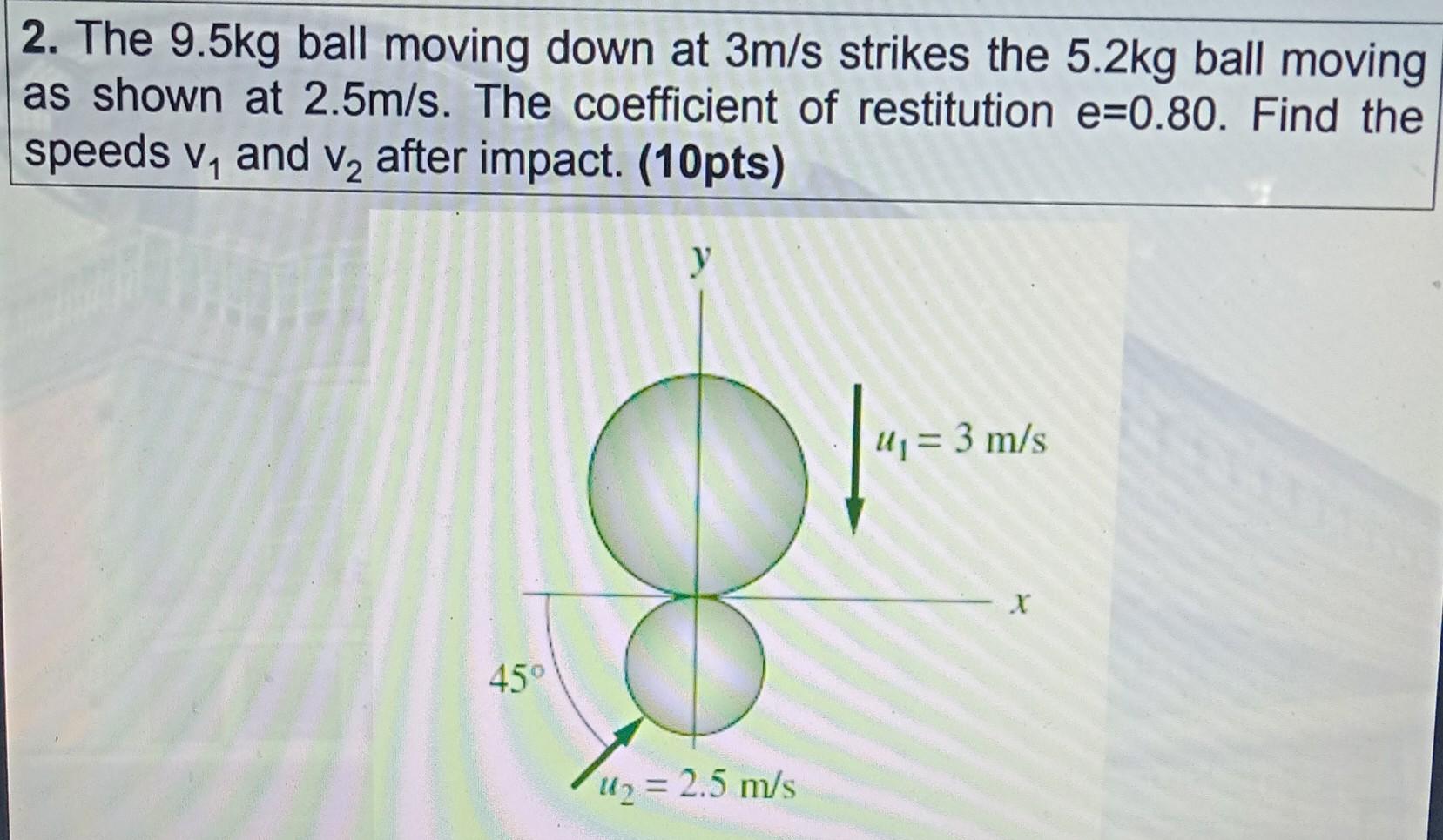 Solved 2. The 9.5kg ball moving down at 3m/s strikes the | Chegg.com