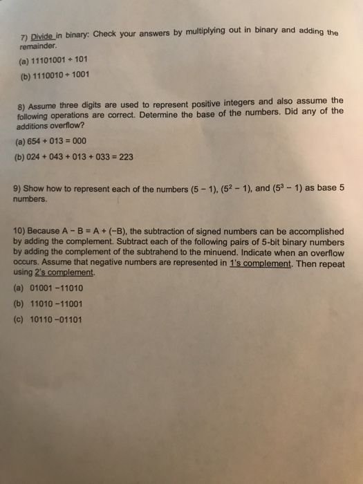 Solved 7) Divide in binary: Check your answers by | Chegg.com