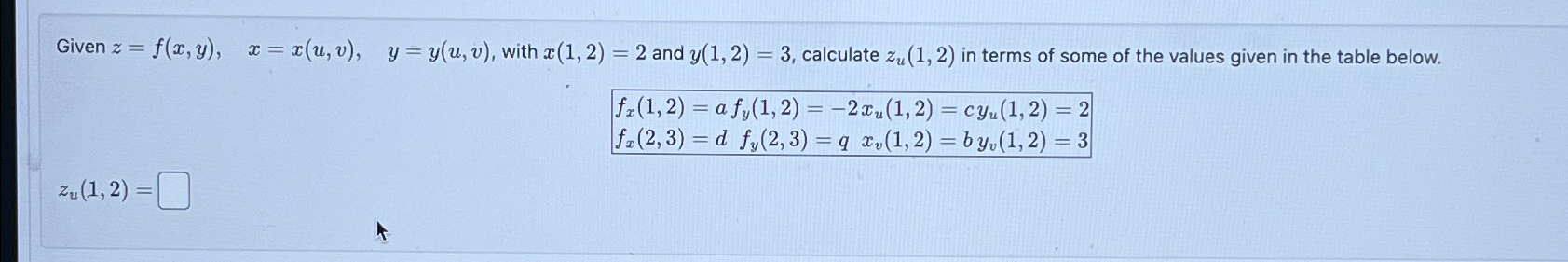 Solved Given z=f(x,y),x=x(u,v),y=y(u,v), ﻿with x(1,2)=2 ﻿and | Chegg.com