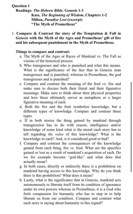 Question 1 Readings: The Hebrew Bible. Genesis 1-3 | Chegg.com
