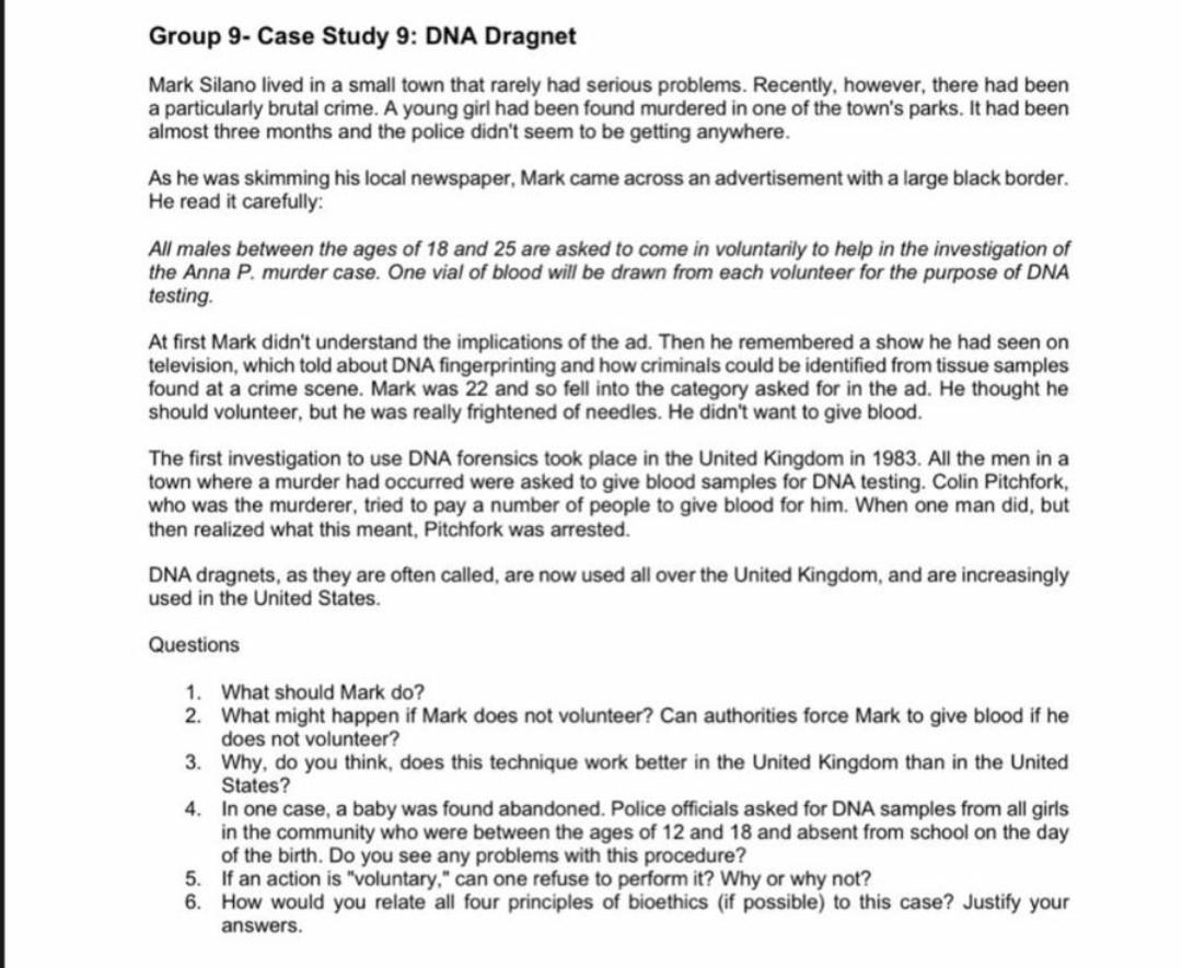 Solved Group 9- Case Study 9: DNA Dragnet Mark Silano lived | Chegg.com