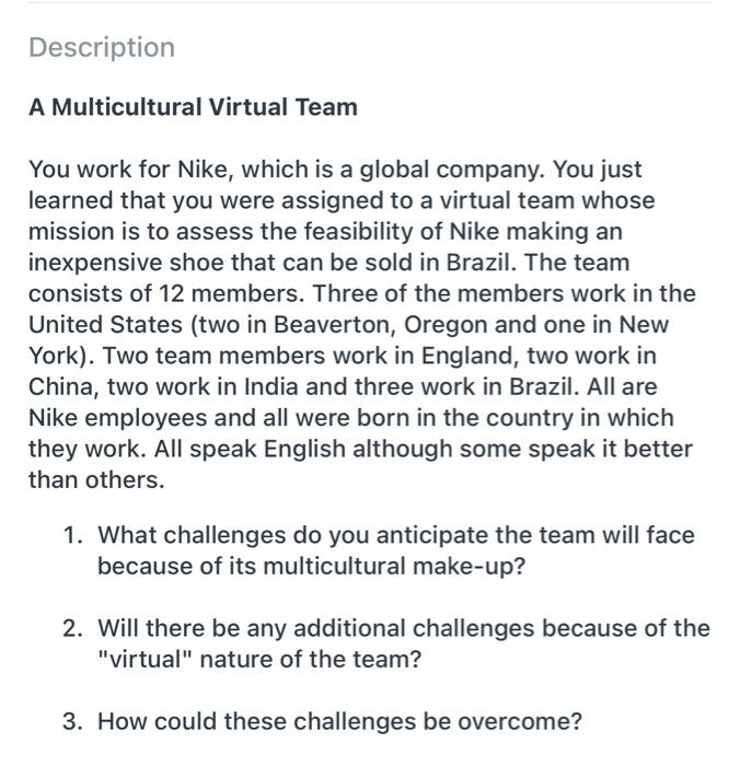 Solved Description A Multicultural Virtual Team You work for | Chegg.com