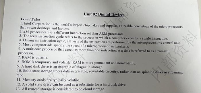 Solved True / False Unit 02 Digital Devices 1. Intel | Chegg.com