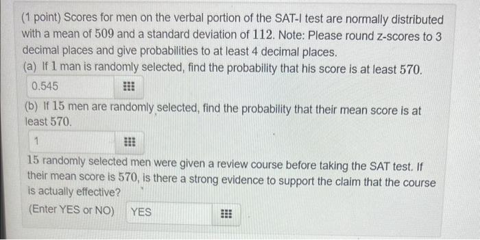 Solved (1 point) Scores for men on the verbal portion of the | Chegg.com