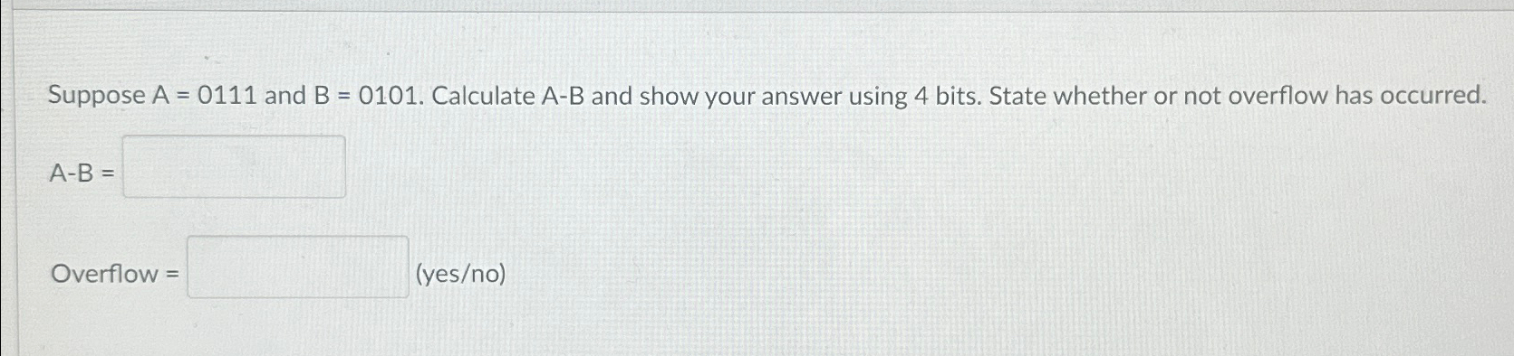 Solved Suppose A=0111 ﻿and B=0101. ﻿Calculate A-B ﻿and show | Chegg.com