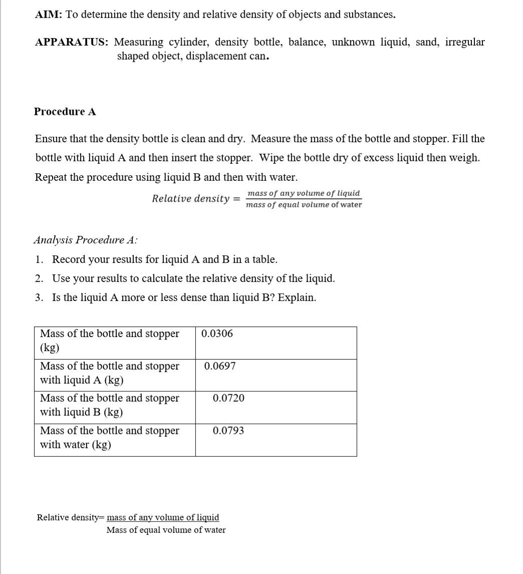 Solved AIM: To determine the density and relative density of | Chegg.com