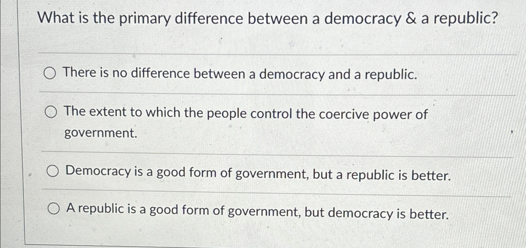 Solved What is the primary difference between a democracy & | Chegg.com