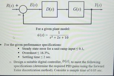 For a given plant model:G(s)=1s2+2s+10For the given | Chegg.com