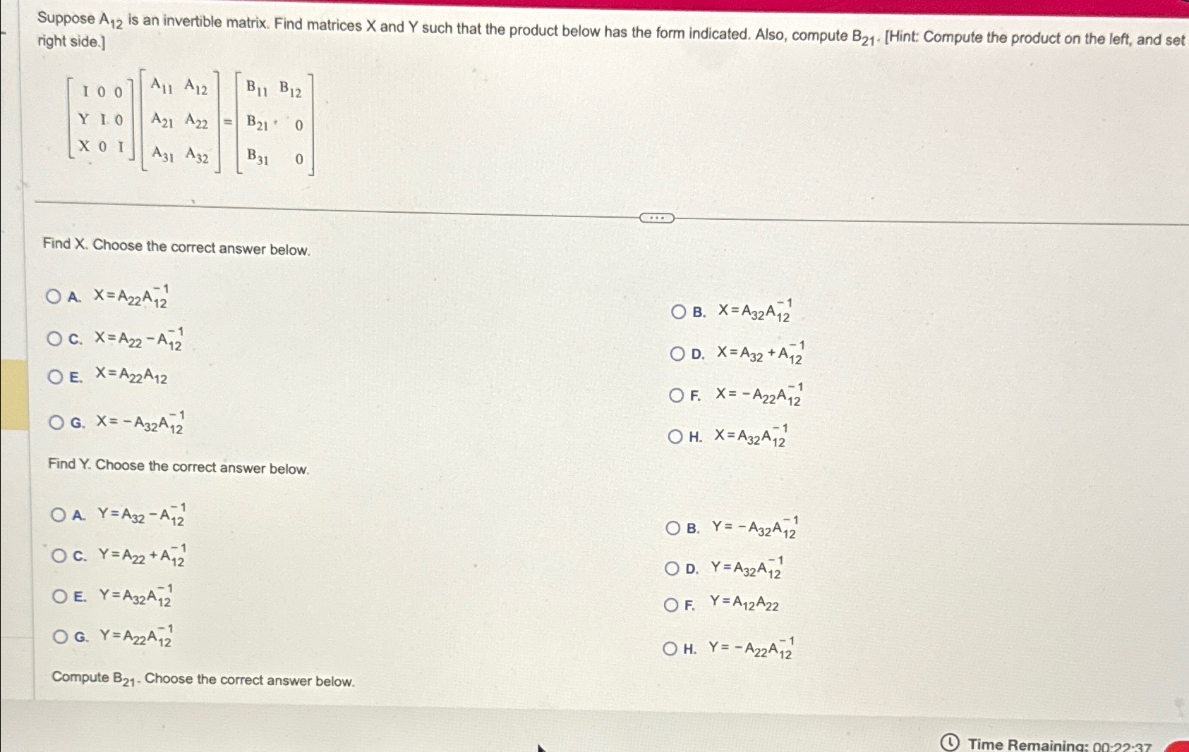 Solved Suppose A_(12) is an invertible matrix. Find matrices | Chegg.com