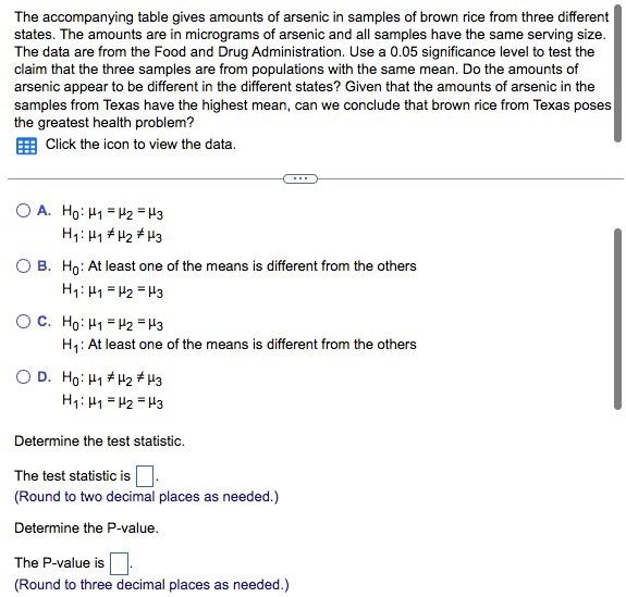 Solved The accompanying table gives amounts of arsenic in | Chegg.com