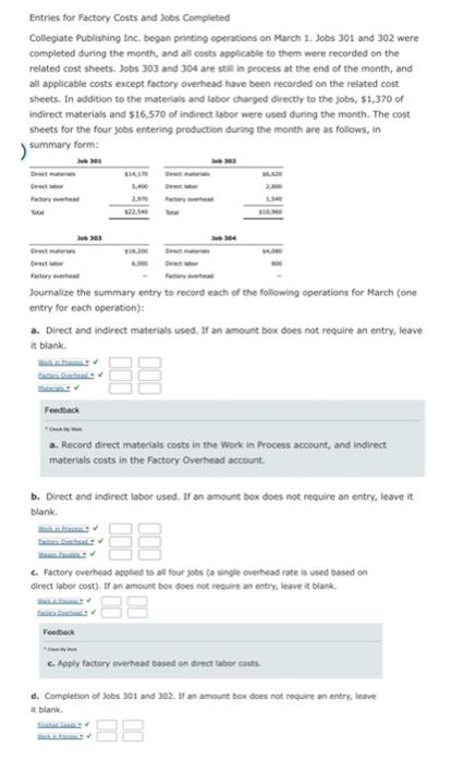 Solved Entries for Factory Costs and Jobs Completed | Chegg.com