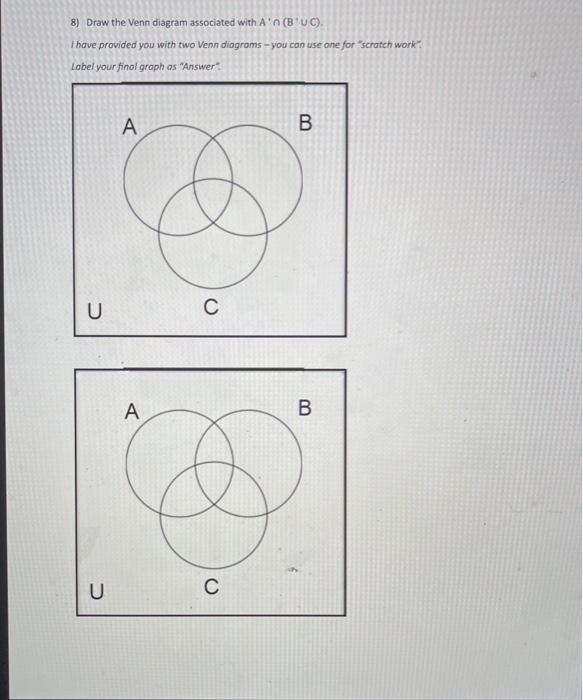 Solved 8) Draw the Venn diagram associated with A′∩(B∗∪C). I | Chegg.com