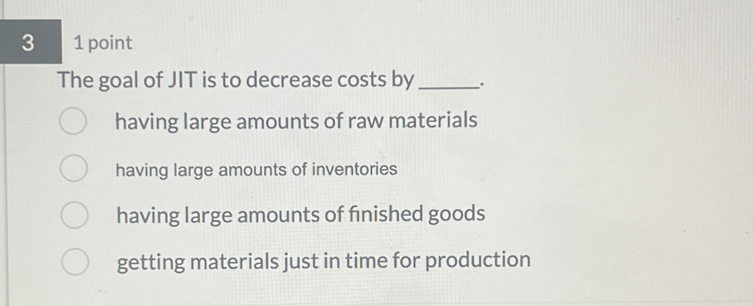 Solved 31 pointThe goal of JIT is to decrease costs by | Chegg.com Solved 31 pointThe goal of JIT is to decrease costs by | Chegg.com