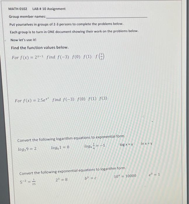 Solved MATH 0102 LAB # 10 Assignment Group member names: Put | Chegg.com