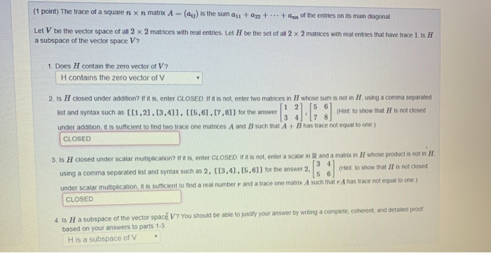 Solved (1 point) The trace of a square n x n matrix A a y) | Chegg.com