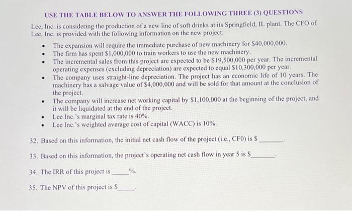 Solved USE THE TABLE BELOW TO ANSWER THE FOLLOWING THREE (3) | Chegg.com