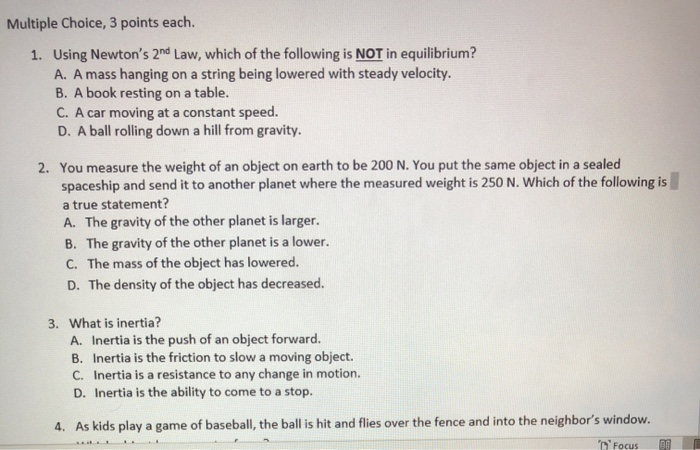 Solved Multiple Choice, 3 points each. 1. Using Newton's 2nd | Chegg.com