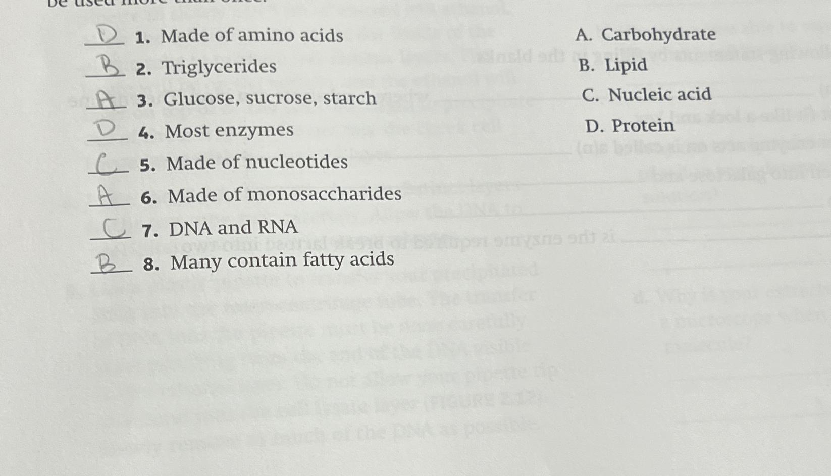 Solved D 1. ﻿Made of amino acidsA. ﻿CarbohydrateB2. | Chegg.com