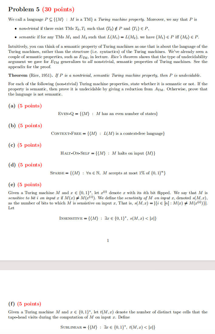 Solved Problem 5 (30 ﻿points)We call a language is a TM | Chegg.com