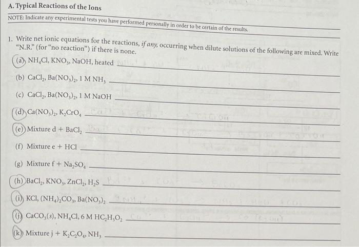 Solved 1 Write Net Ionic Equations For The Reactions If 