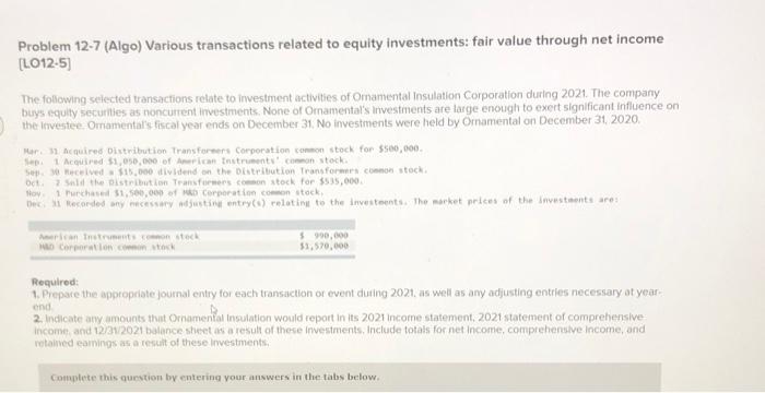 Solved Problem 12-7 (Algo) Various transactions related to | Chegg.com